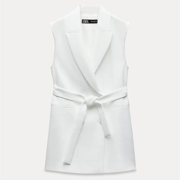 Zara | Jackets & Coats | Zara Blazer Vest Dress White Belt Waist Tie Casual Bussines Office ...